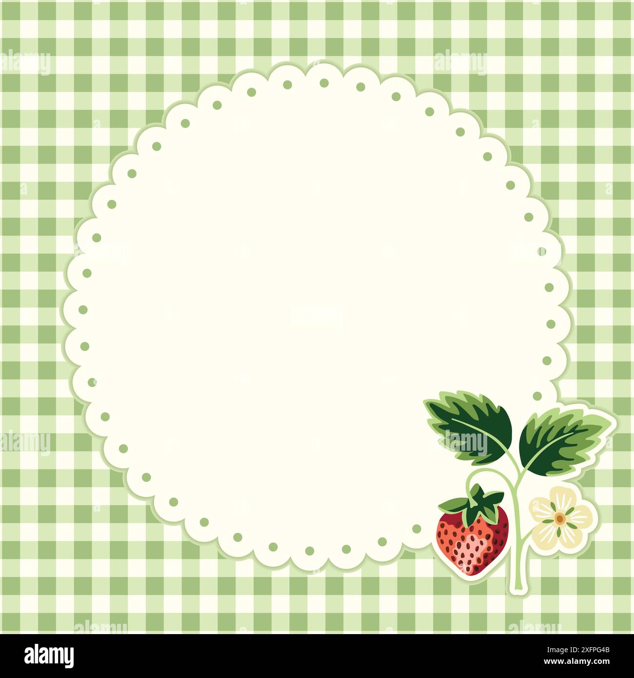 Cottage Core Garden Strawberry and Gingham Round Vector Frame. Vintage ...