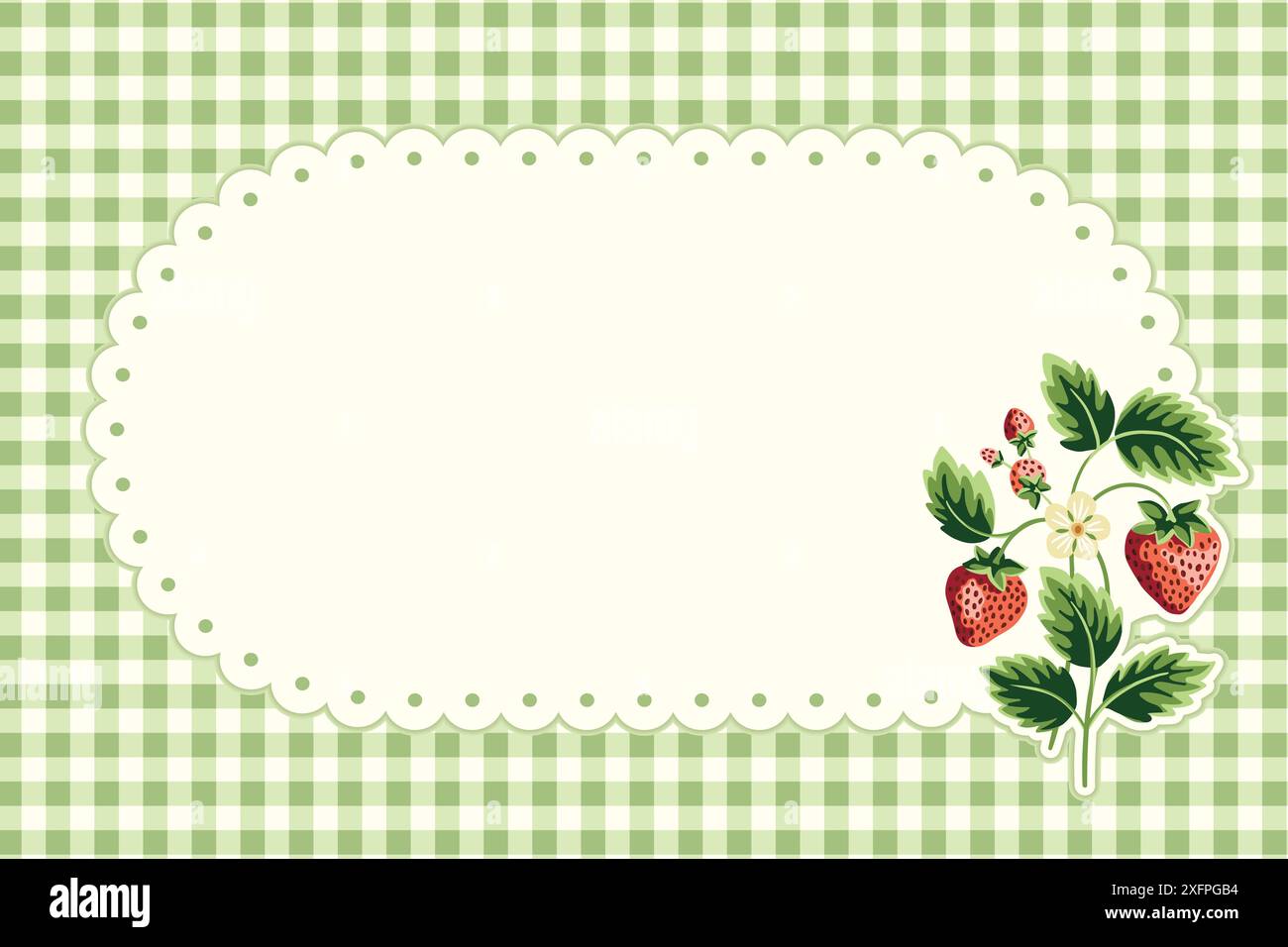 Cottage Core Garden Strawberry and Gingham Oval Vector Frame. Vintage ...