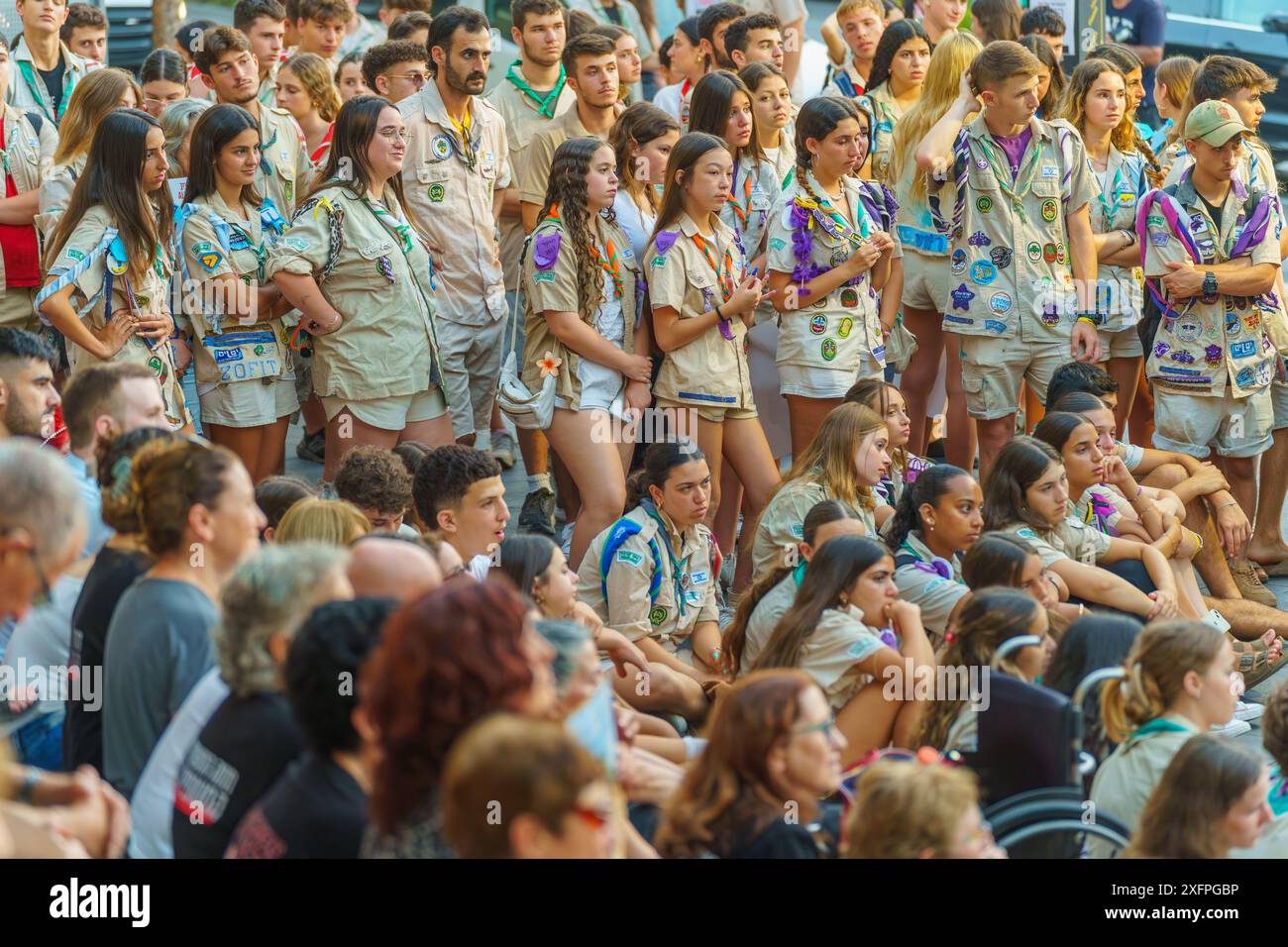 Haifa, Israel - July 04, 2024: Scouts and other people attend an ...