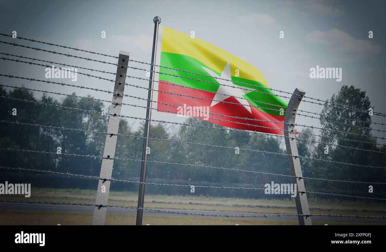 Barbed wire fence and flag of Myanmar - border concept - 3d ...