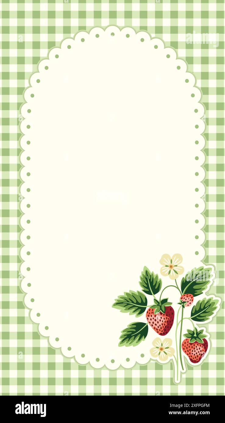 Cottage Core Garden Strawberry and Gingham Oval Vector Frame. Vintage ...