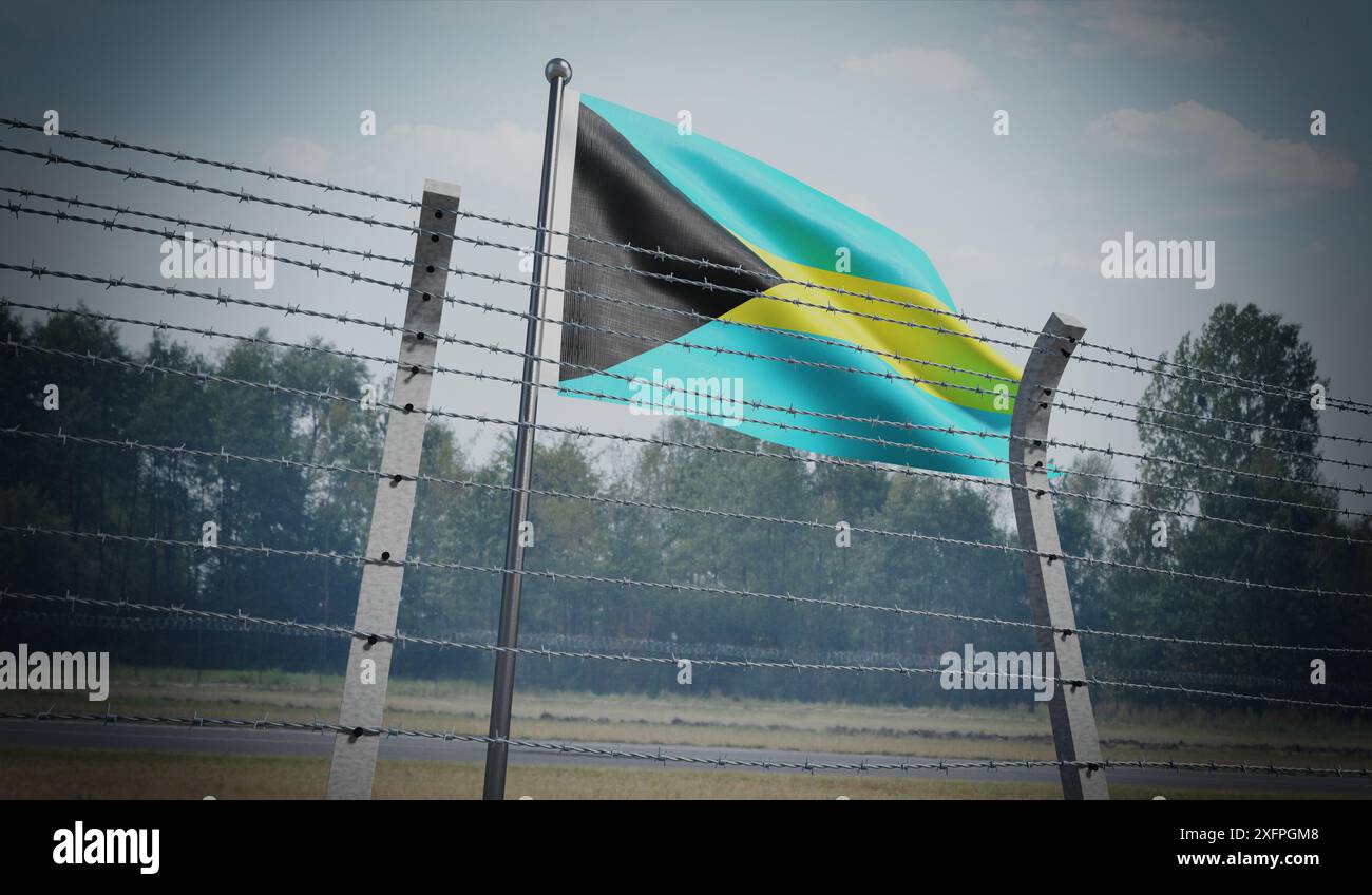 Barbed wire fence and flag of Bahamas - border concept - 3d ...