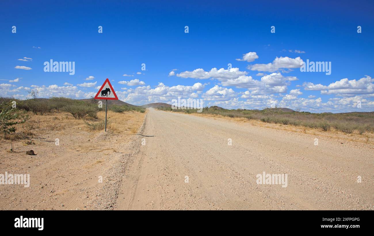 Sign Elephants crossing a gravel track near Palmwag in Namibia Stock ...