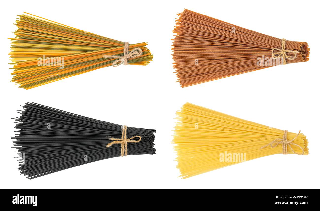 Colorful spaghetti tricolore pasta isolated on white background. Top ...