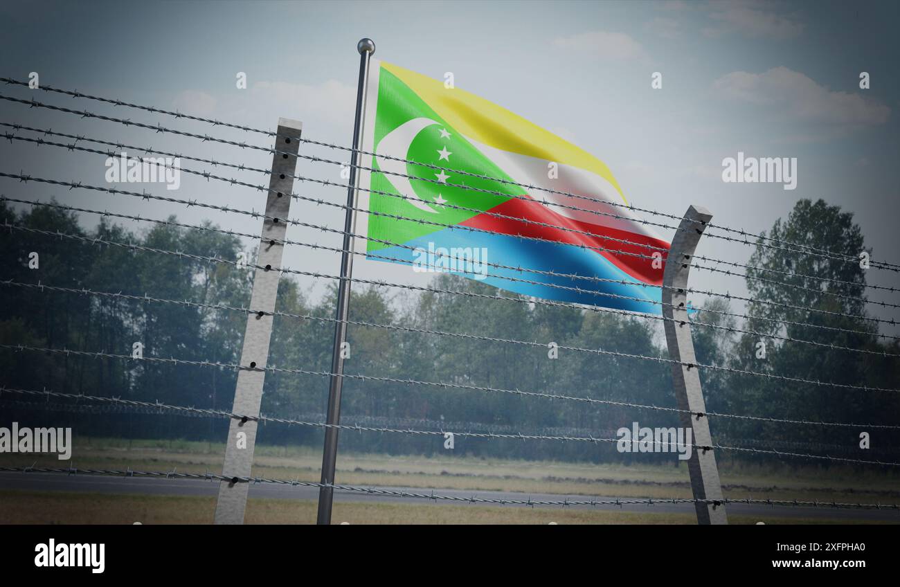 Barbed wire fence and flag of Comoros - border concept - 3d ...