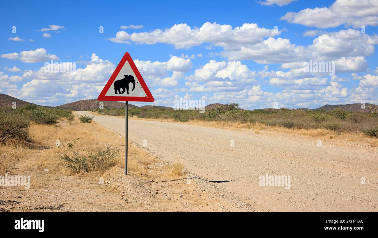 Sign Elephants crossing a gravel track near Palmwag in Namibia Stock ...