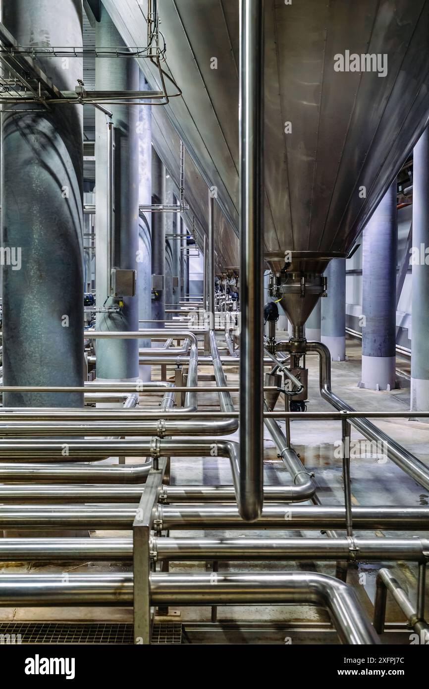 Large industrial stainless steel vats for fermentation in modern ...