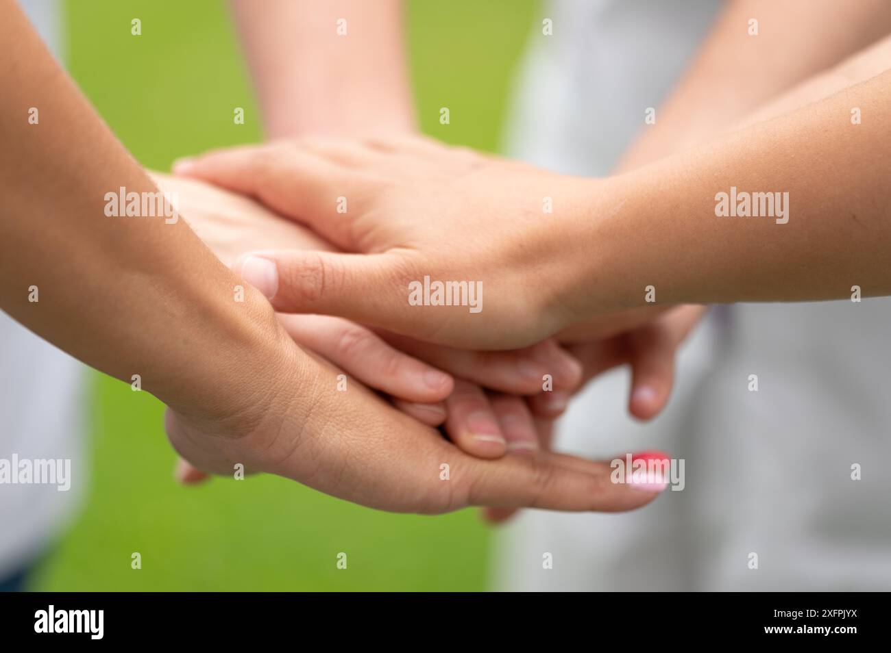 Friends, support and stack of hands of people for motivation, community ...