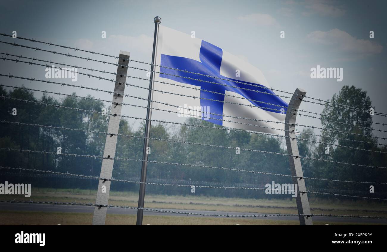 Barbed wire fence and flag of Finland - border concept - 3d ...