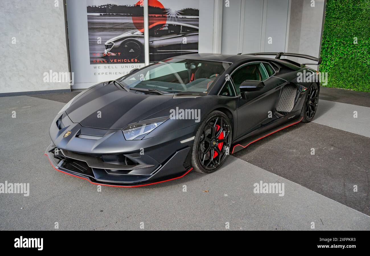 Satin Black Lamborghini Aventaodr SVJ - Front view of a Italian ...