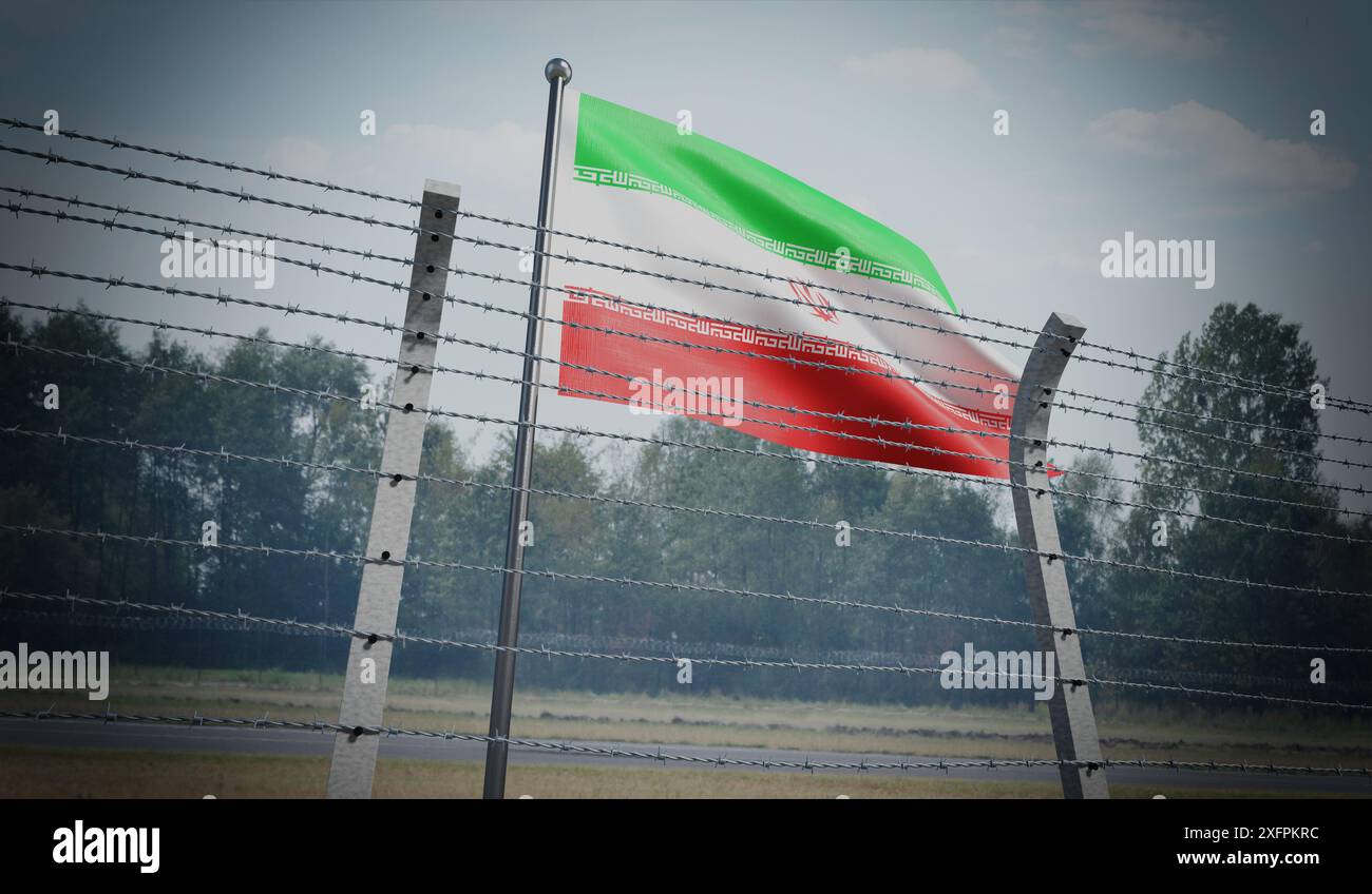 Barbed wire fence and flag of Iran - border concept - 3d illustration ...