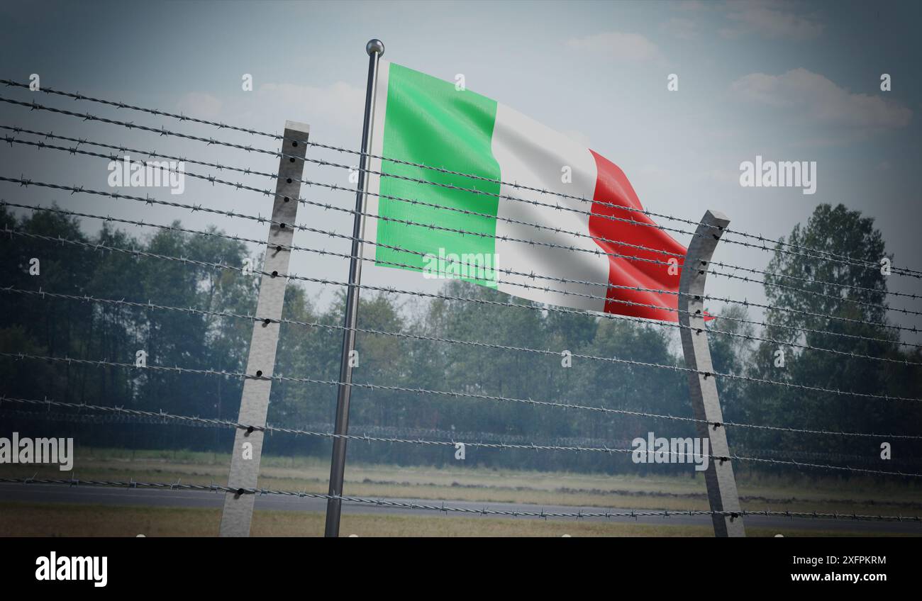 Barbed wire fence and flag of Italy - border concept - 3d illustration ...