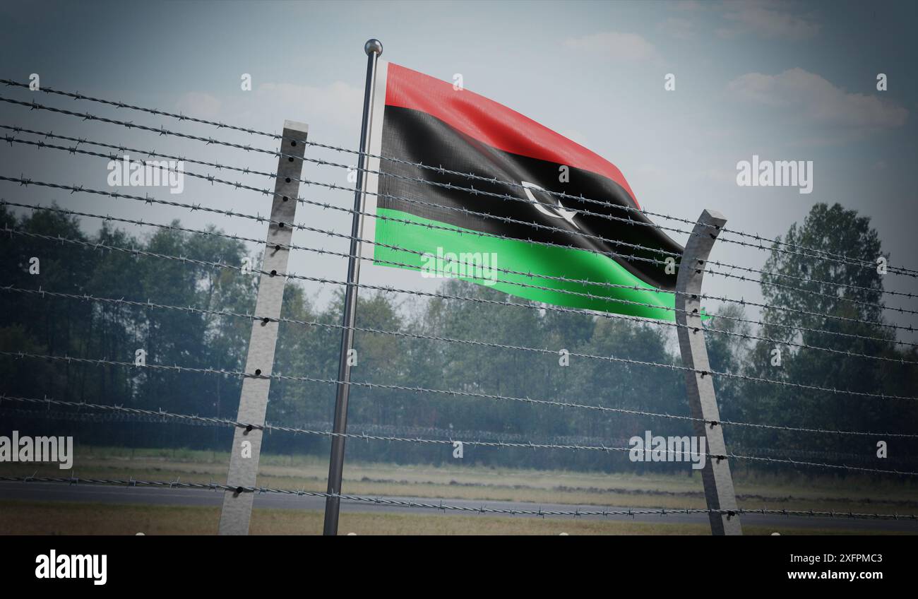 Barbed wire fence and flag of Libya - border concept - 3d illustration ...