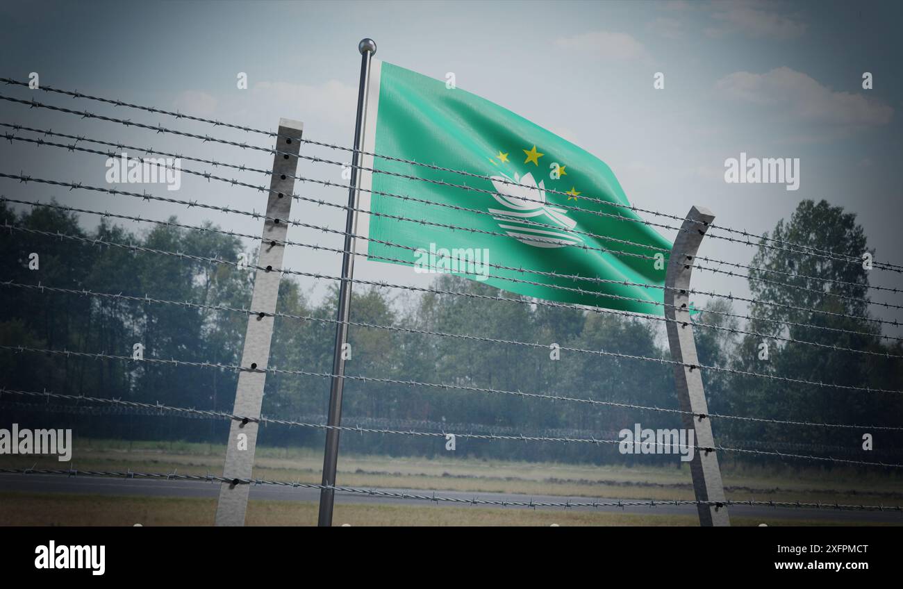 Barbed wire fence and flag of Macau - border concept - 3d illustration ...
