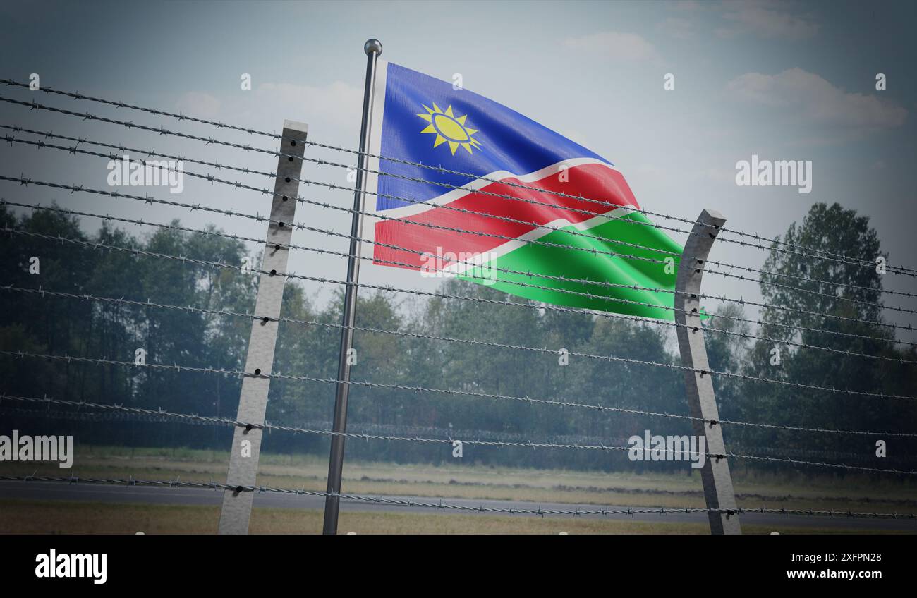 Barbed wire fence and flag of Namibia - border concept - 3d ...