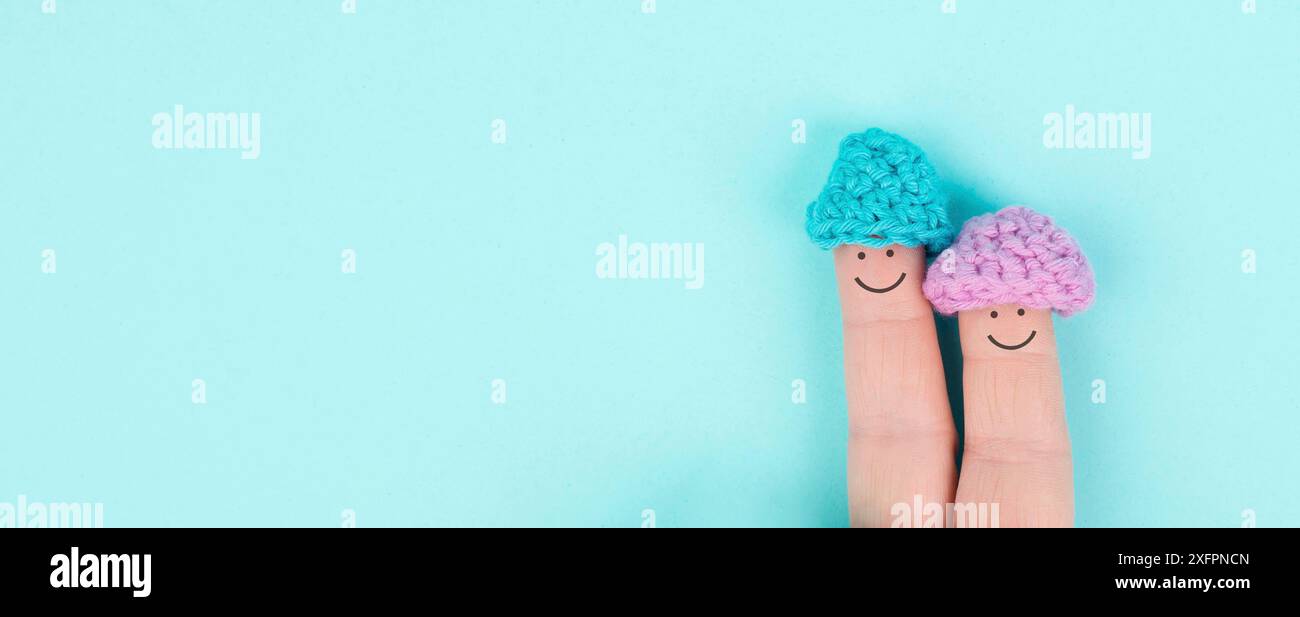 Happy, similing face on finger, couple cuddle together, support ...