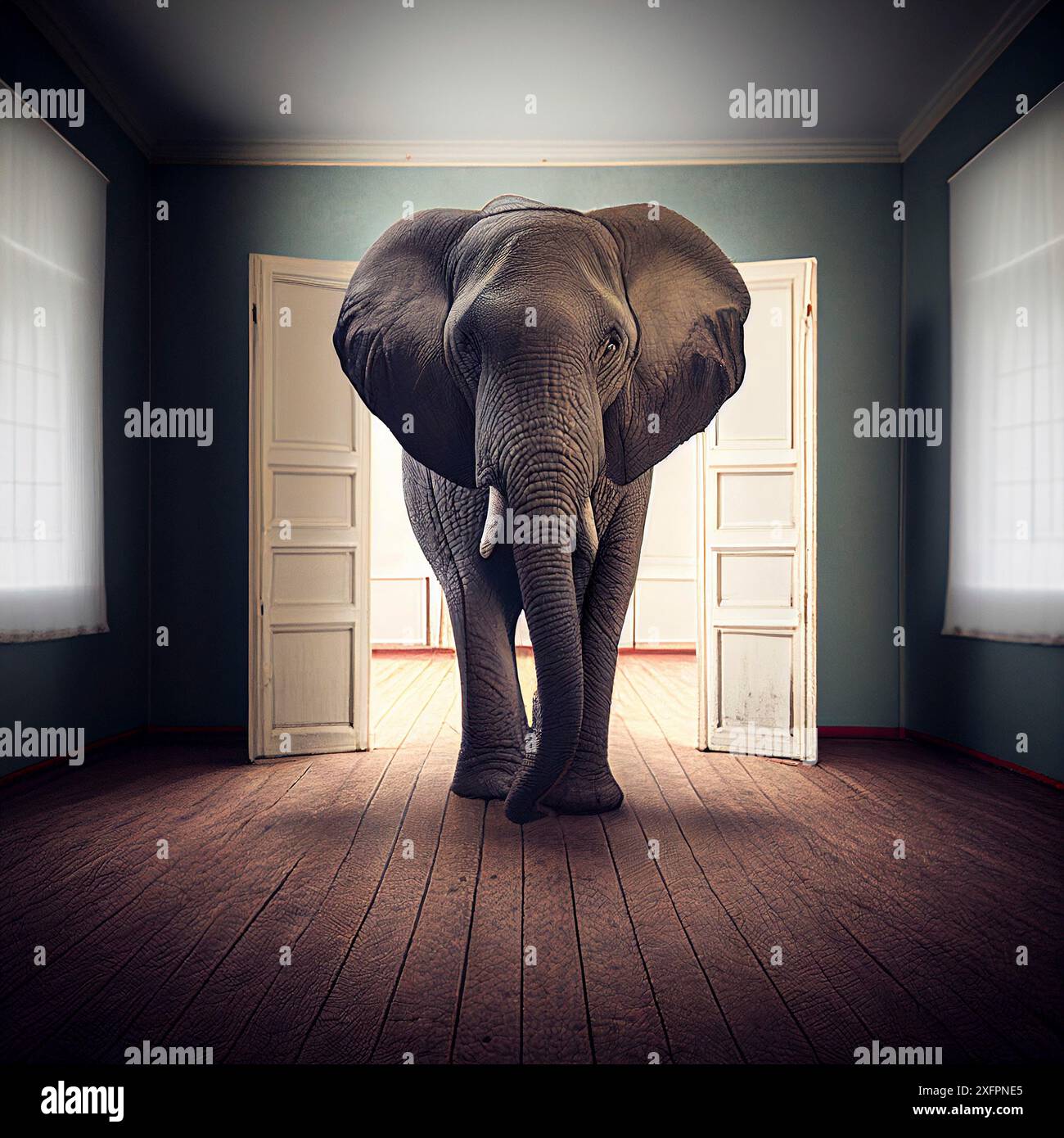 Big elephant standing in an empty room, animal concept, metaphorical ...