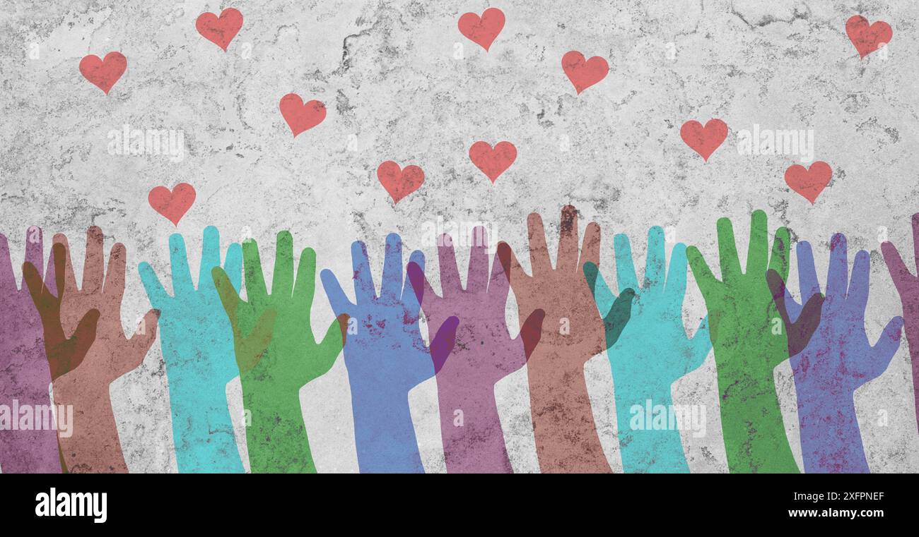 Group of colorful hands with hearts on a wall, volenteer concept ...