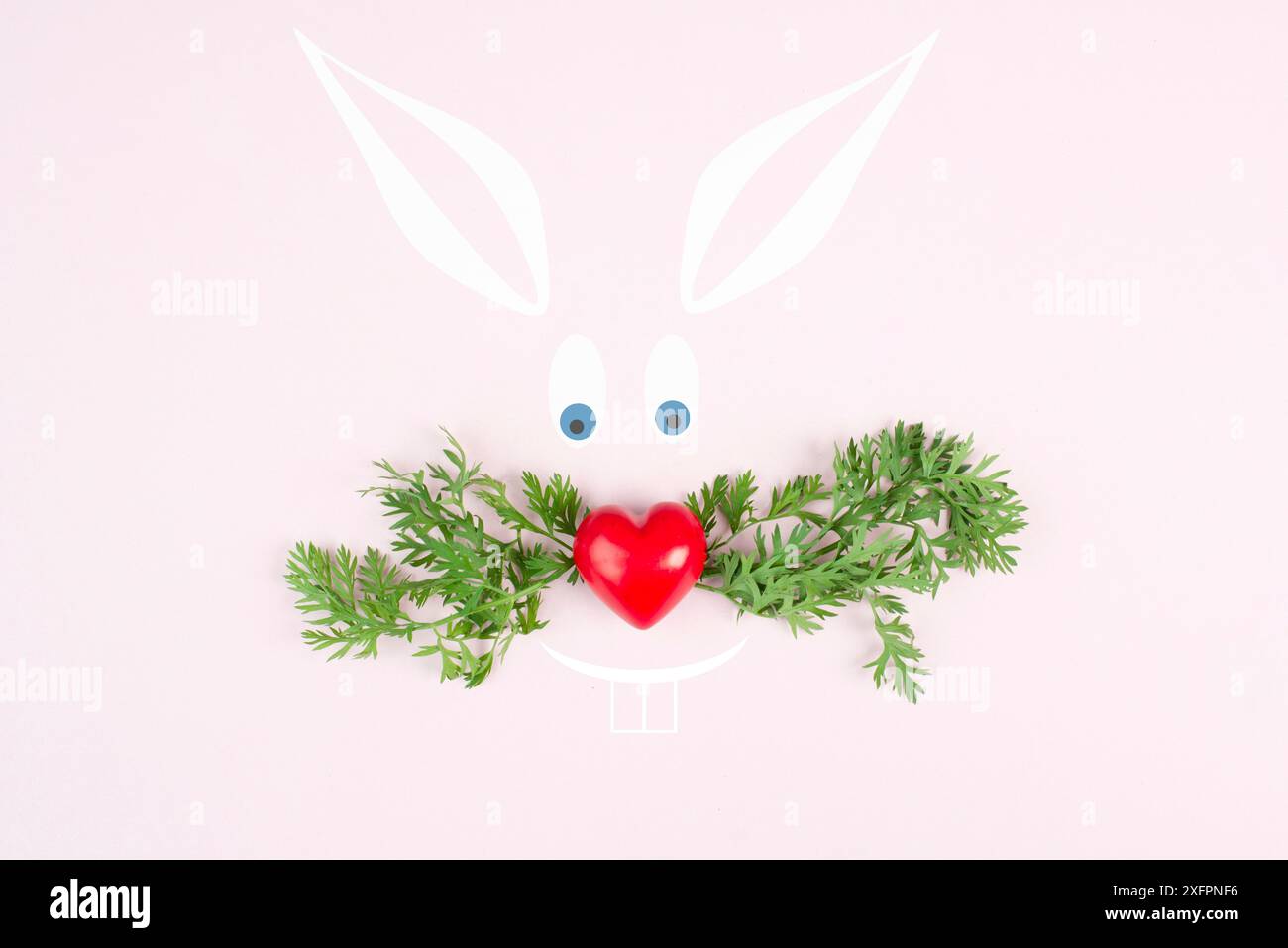 Easter bunny face, heart shaped nose, whiskers from carrot leaves ...