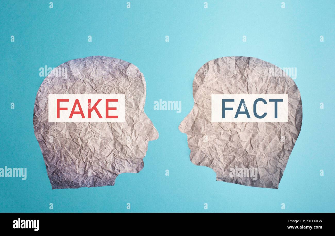 Fake or fact on a head, false and truth information, propaganda and ...