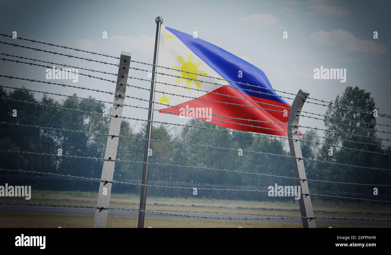 Barbed wire fence and flag of Philippines - border concept - 3d ...
