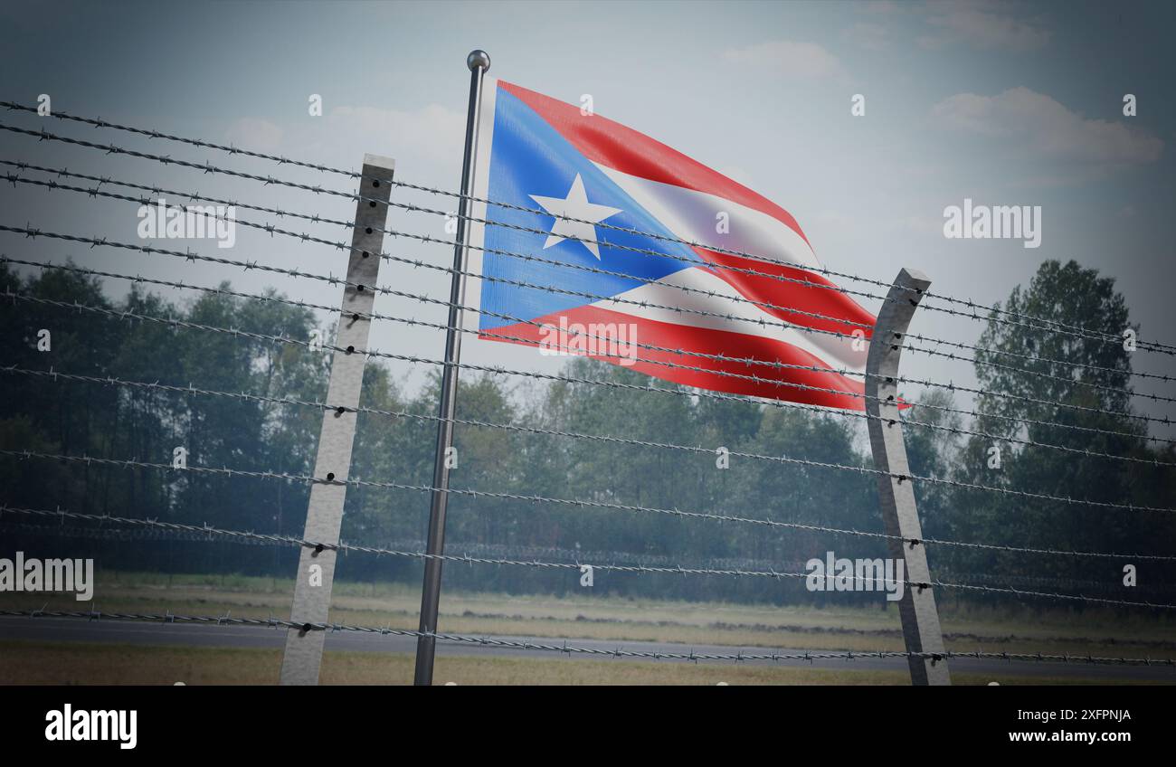 Barbed wire fence and flag of Puerto Rico - border concept - 3d ...