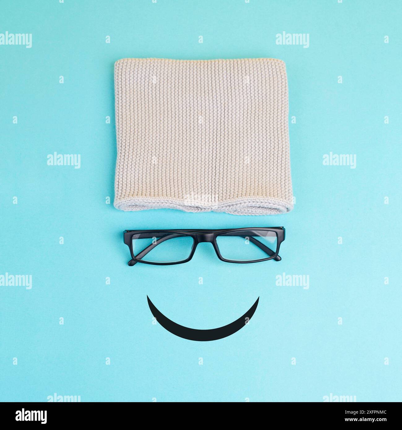 Happy smiling face with eyeglasses and hat, mental health concept ...