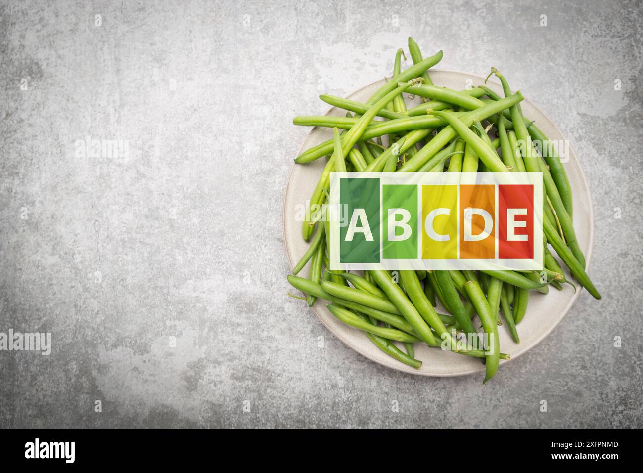 Green fresh string beans on a plate, vegetables, healthy food label ...
