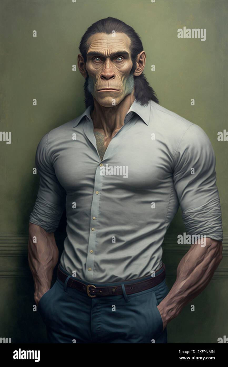 Surreal Chimera Hybrid creature, half ape or monkey, half men wearing ...