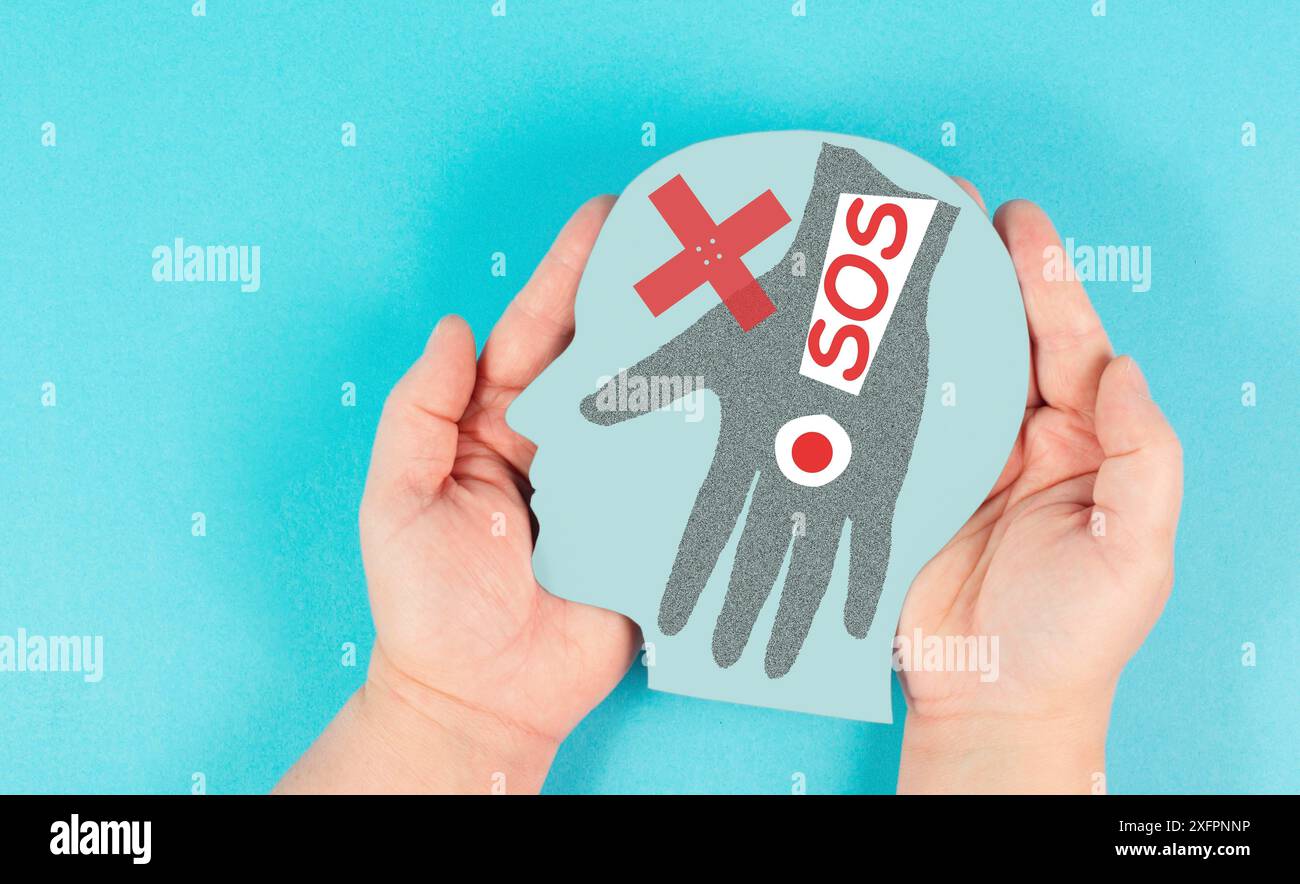 Domestic violence, hand hits face, sos on exclamation mark ...