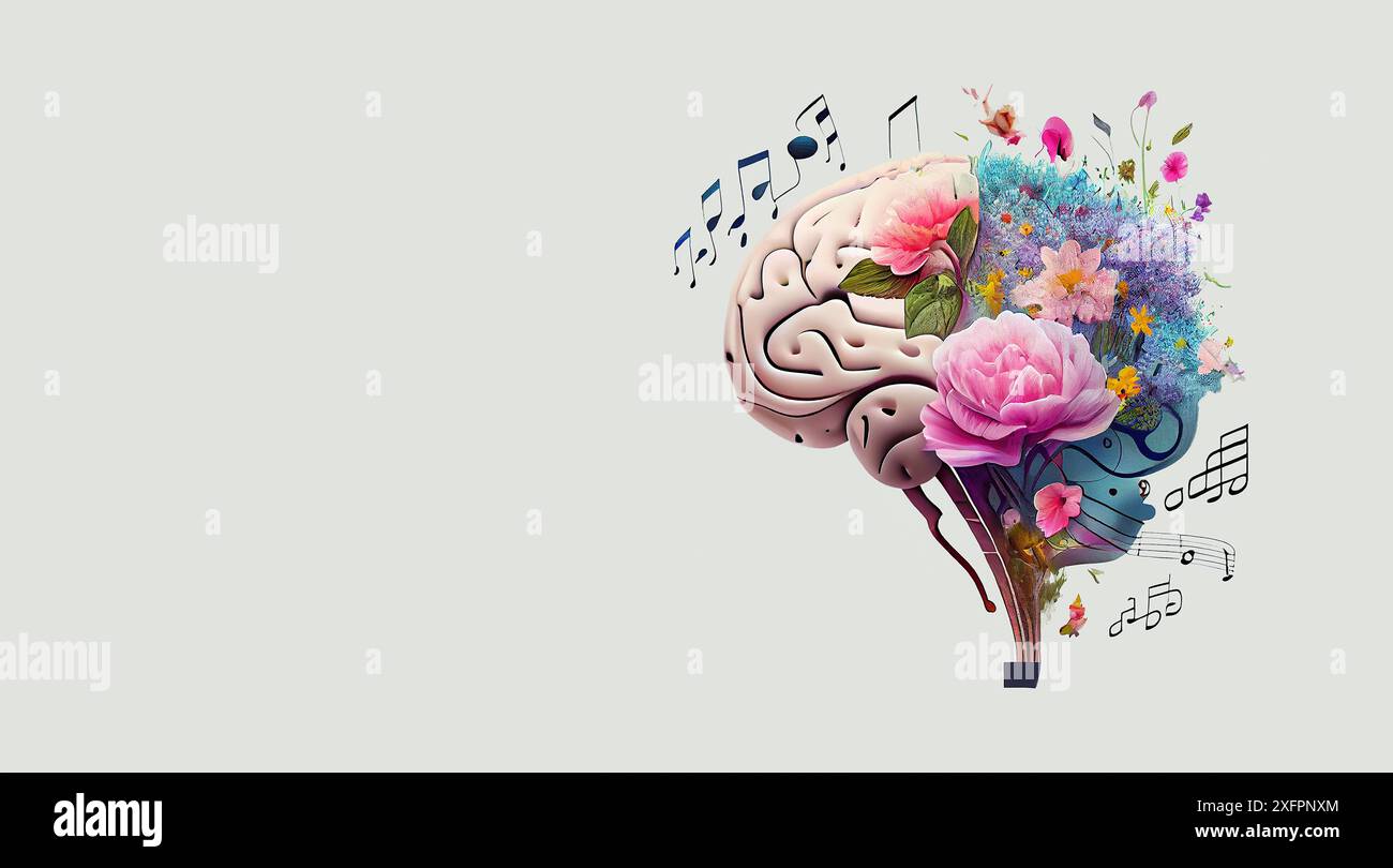 Human brain tree with flowers and music notes, self care and mental ...