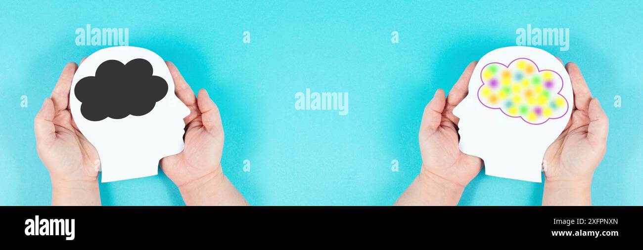 Positive and negative thinking, brain with dark and colorful cloud ...