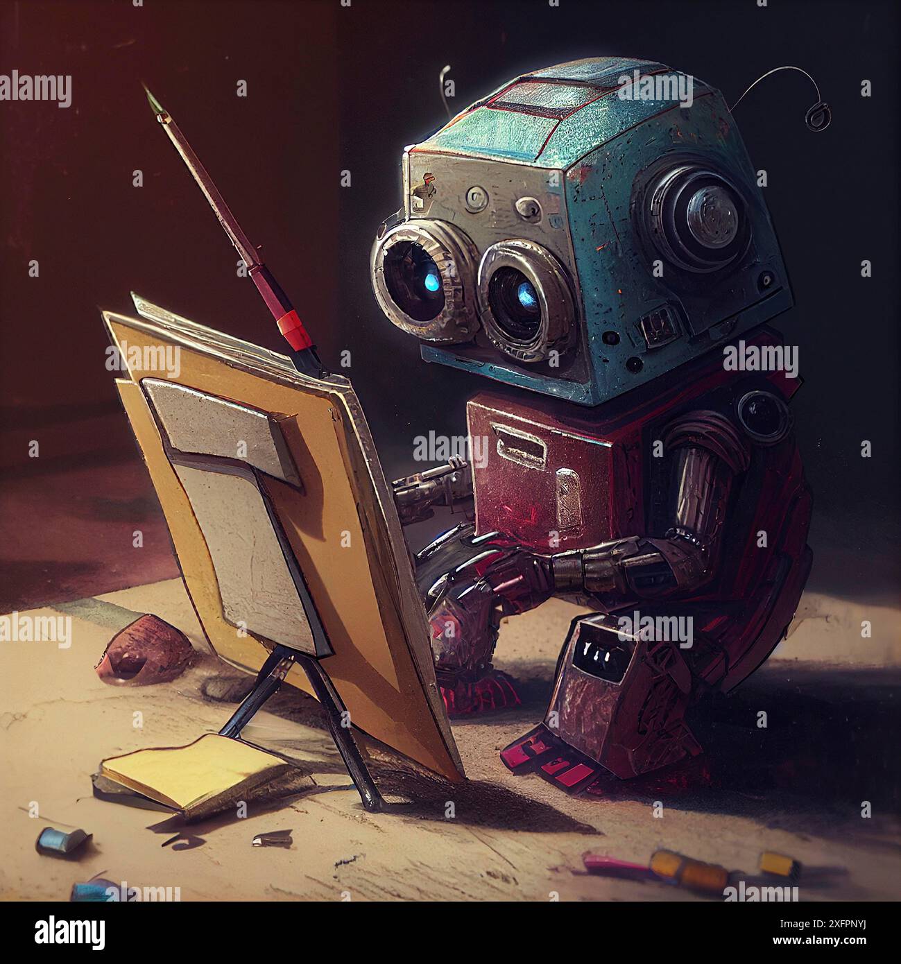 Artificiial intelligence robot drawing a picture, cyborg artist ...