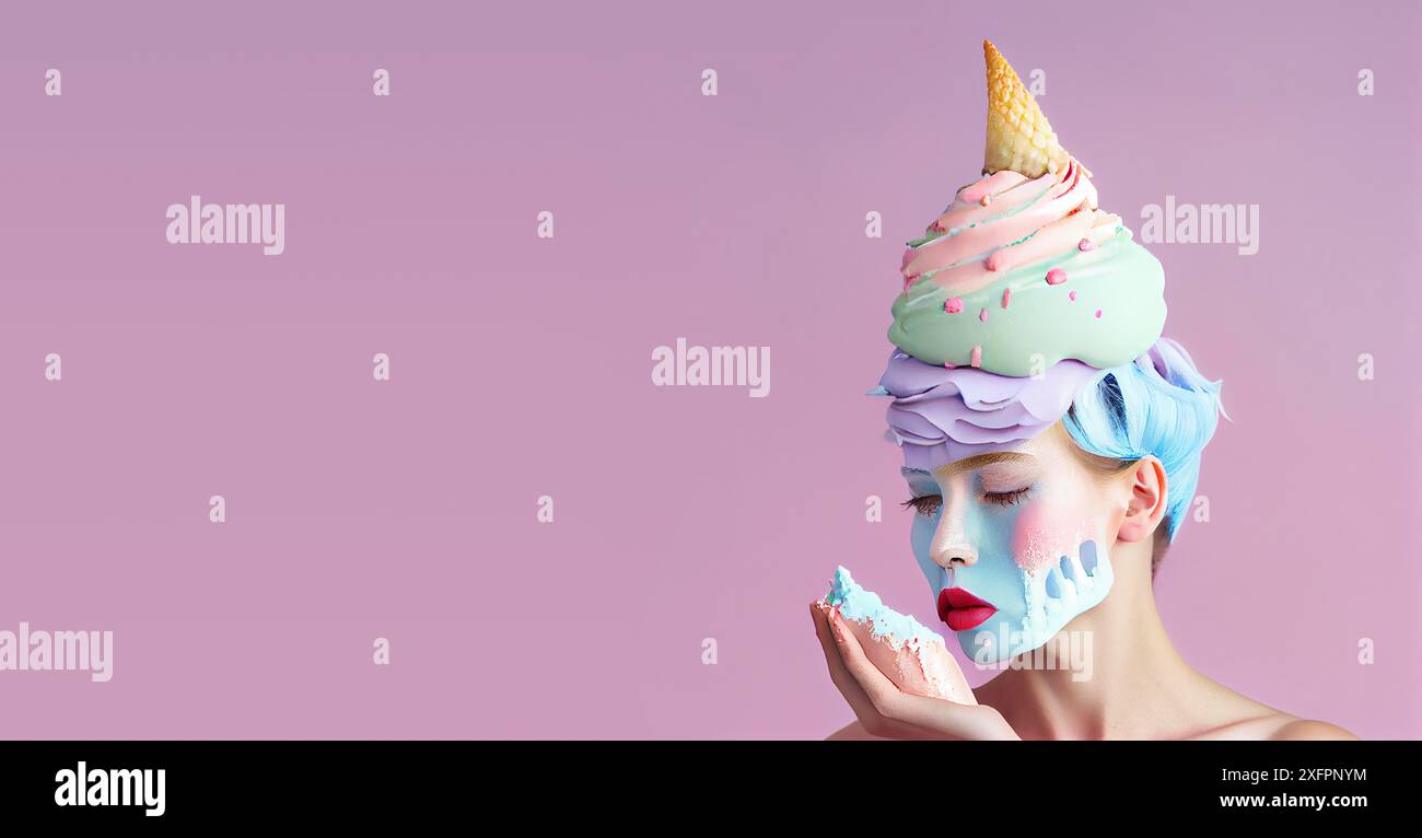 Beautiful woman, waffle cone on the head, ice cream melting down the ...