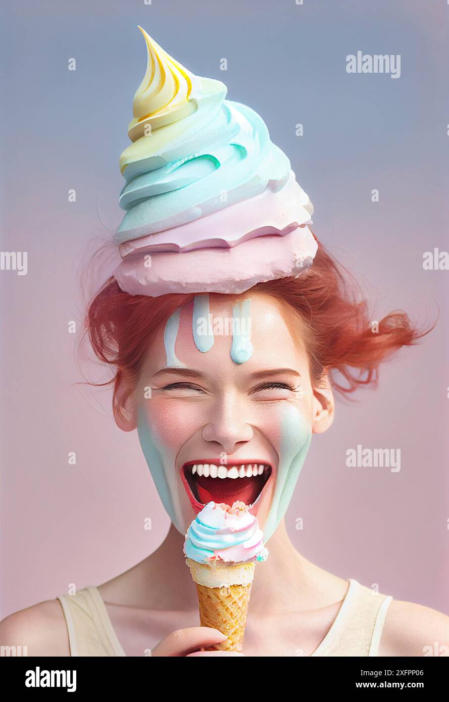 Beautiful woman, waffle cone on the head, ice cream melting down the ...