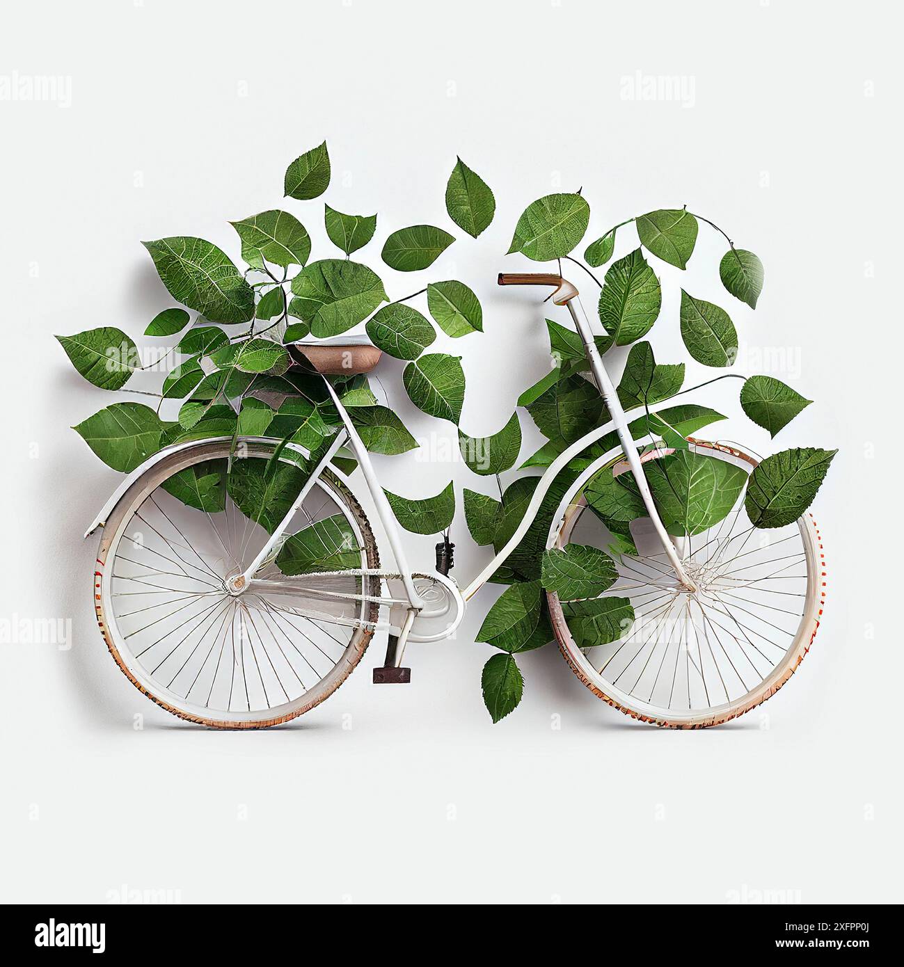Bicycle covered with green leaf tendril, eco and environment concept ...
