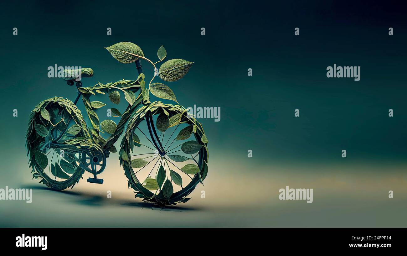Bicycle covered with green leaf tendril, eco and environment concept ...