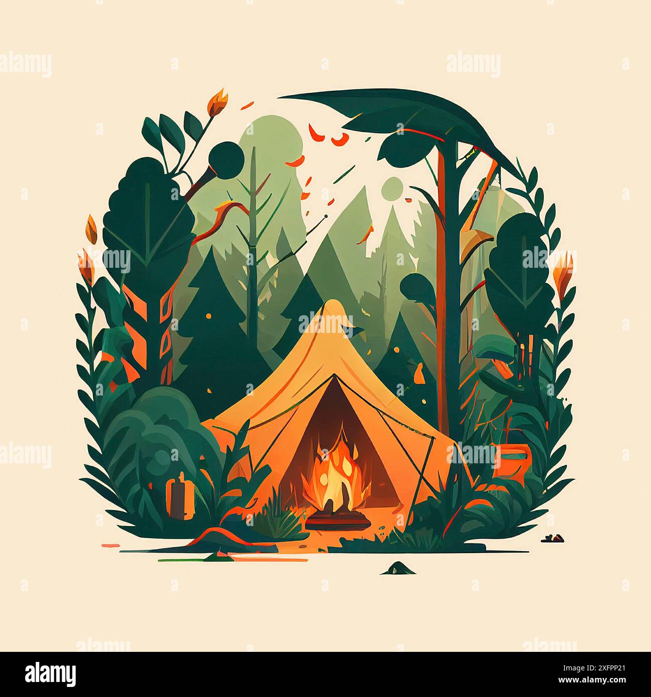 Wanderlust camping adventure in the forest with fire place and tent ...