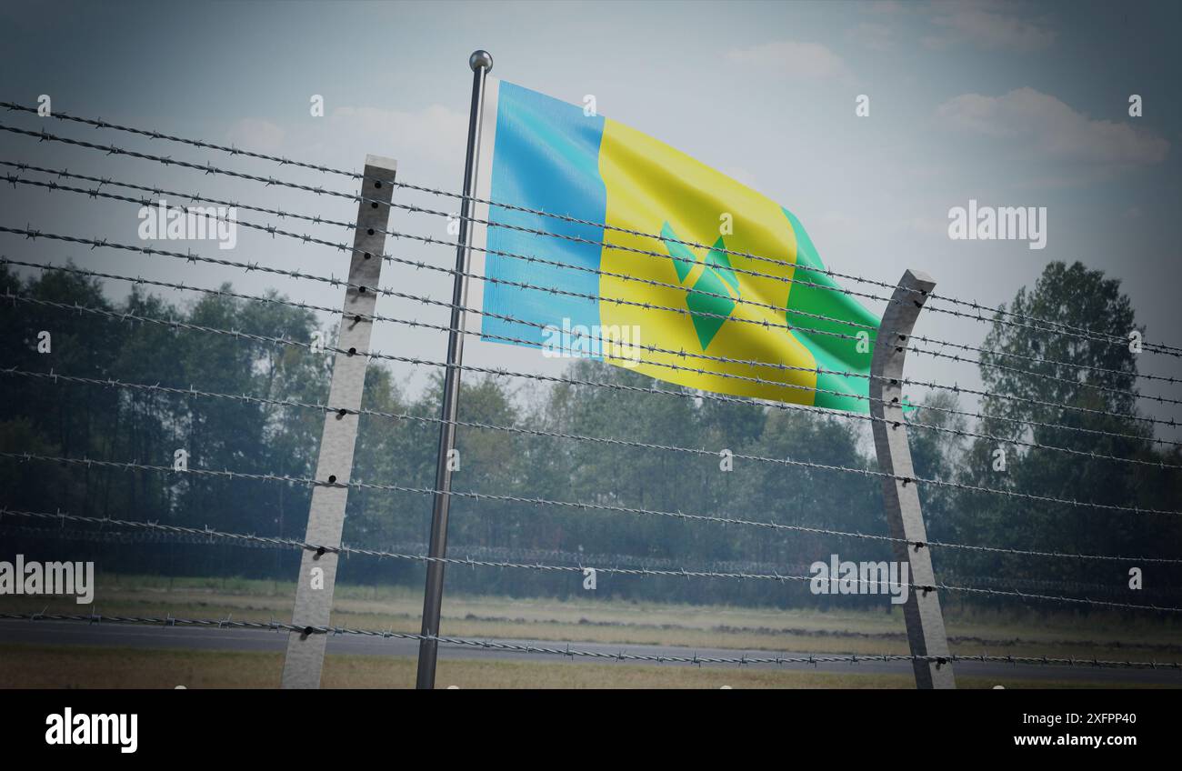 Barbed wire fence and flag of Saint Vincent and the Grenadines - border ...