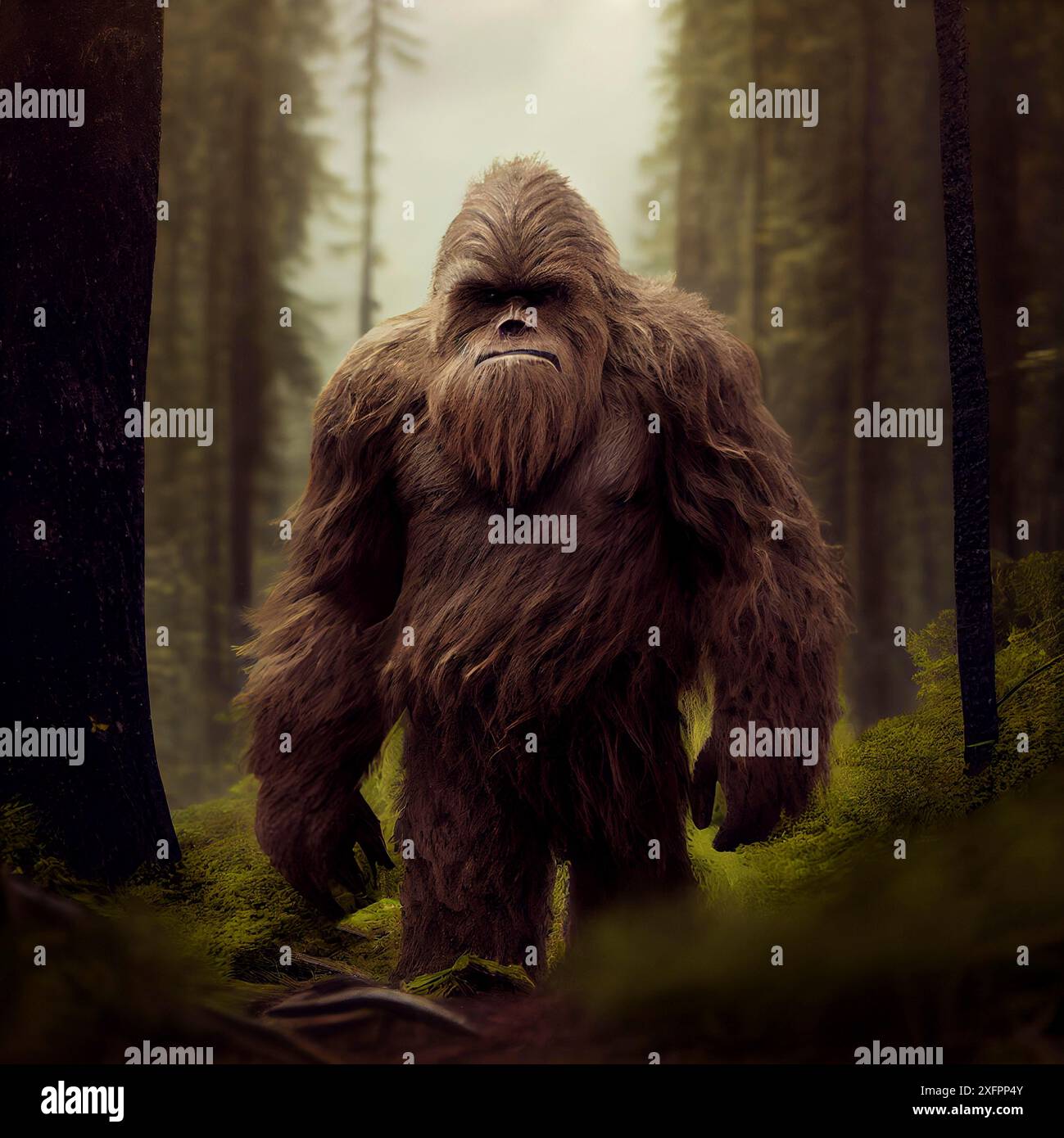 Bigfoot or sasquatch in the forest, mysterious furry creature walking in the woodlands, tall ...