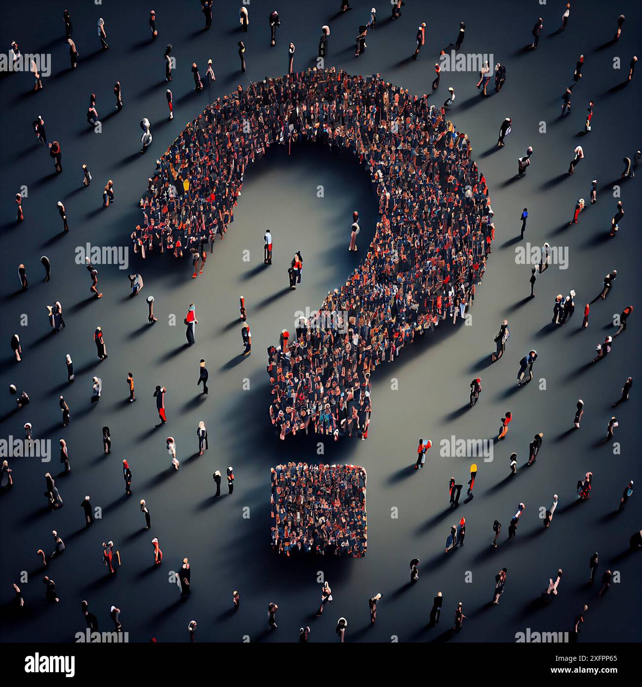 Group of people building a question mark, searching for answers ...