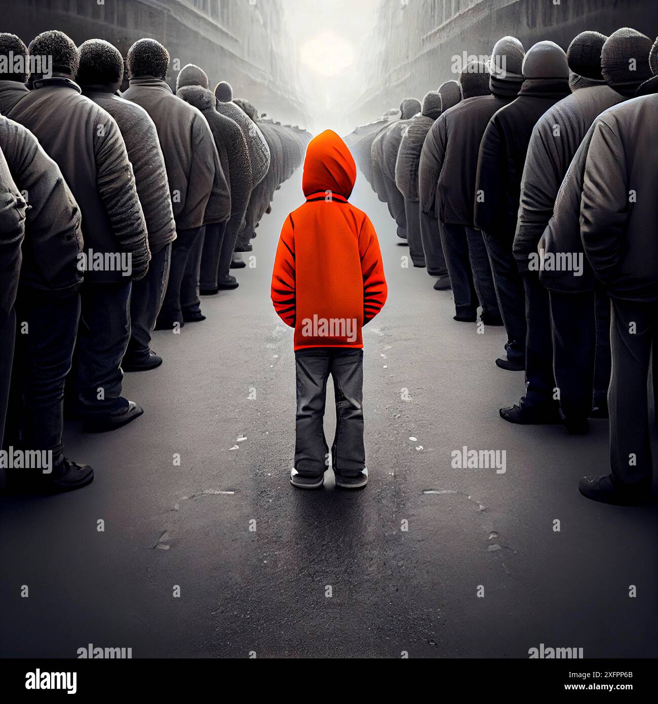 Group of people standing in a line, one child with a red jacket is ...