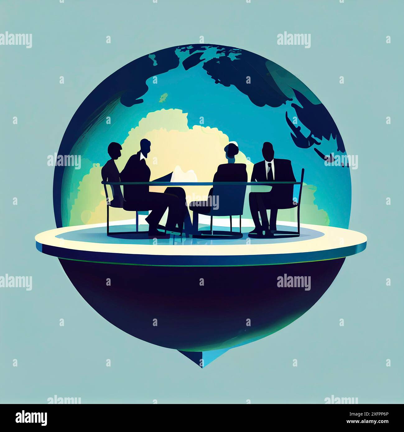 Meeting of businessmen on a table inside planet earth, brainstorming ...