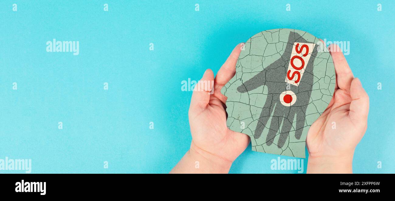 Domestic violence, hand hits face, sos on exclamation mark ...