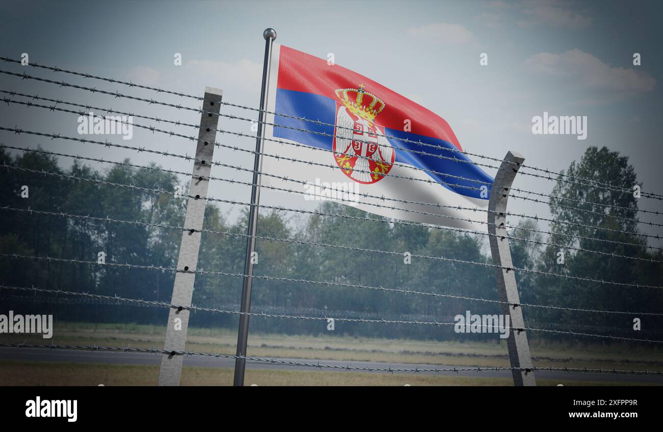 Barbed wire fence and flag of Serbia - border concept - 3d illustration ...