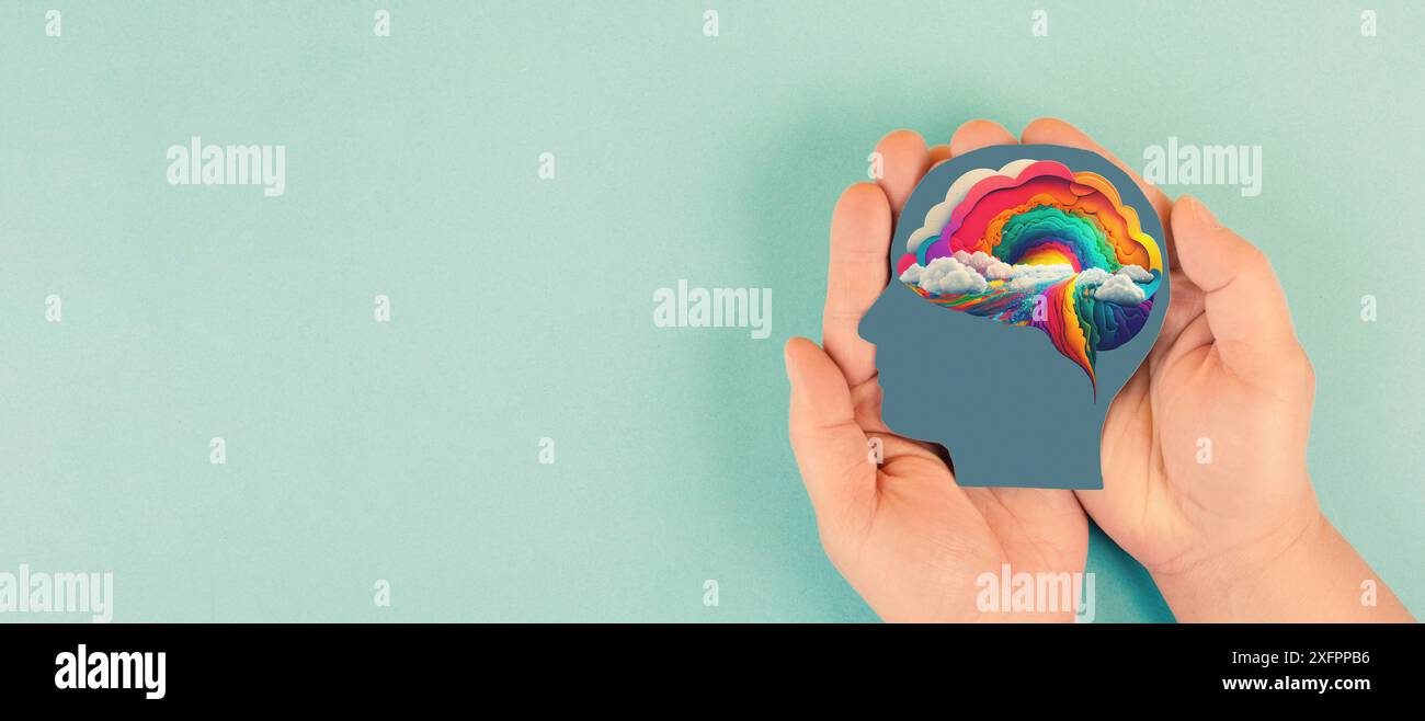 Brain with rainbow cloud, creativity explosion of ideas, positive ...