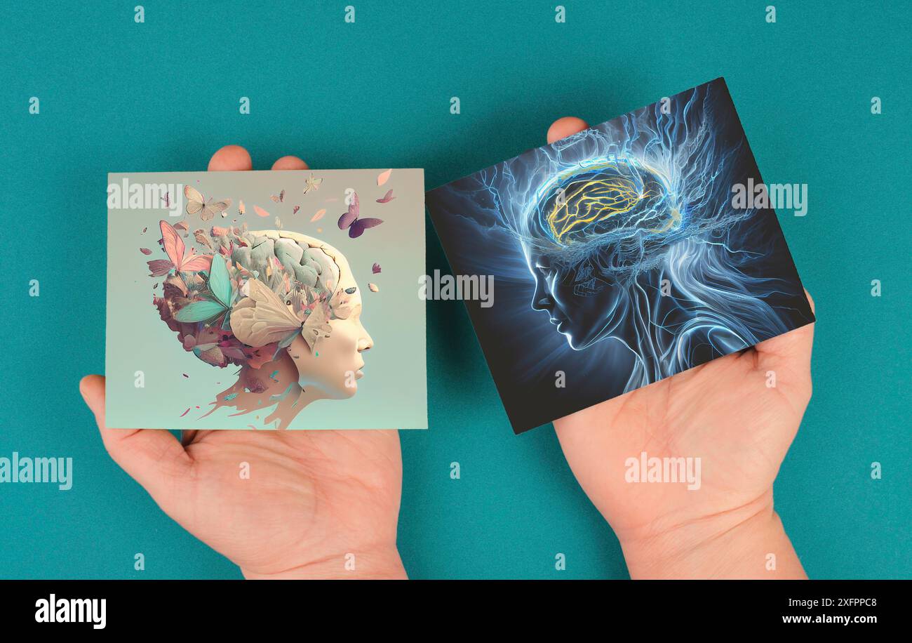 Human brain with butterflies and lightning, mental health concept ...