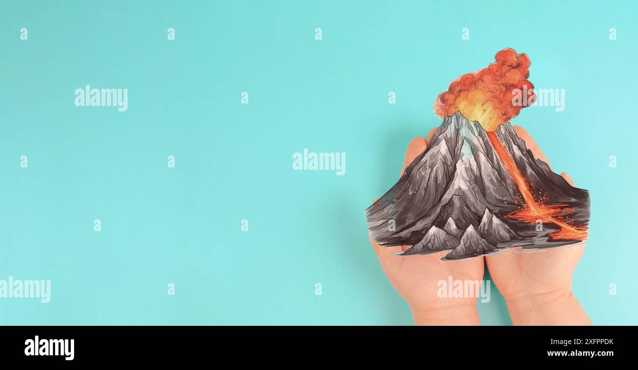 Active vulcano, magma expells and lava flow down the rock mountain ...