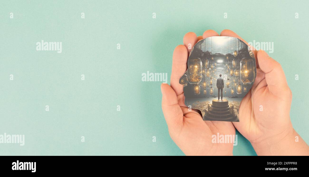 Man stands in a room with many light bulbs, explosion of ideas ...