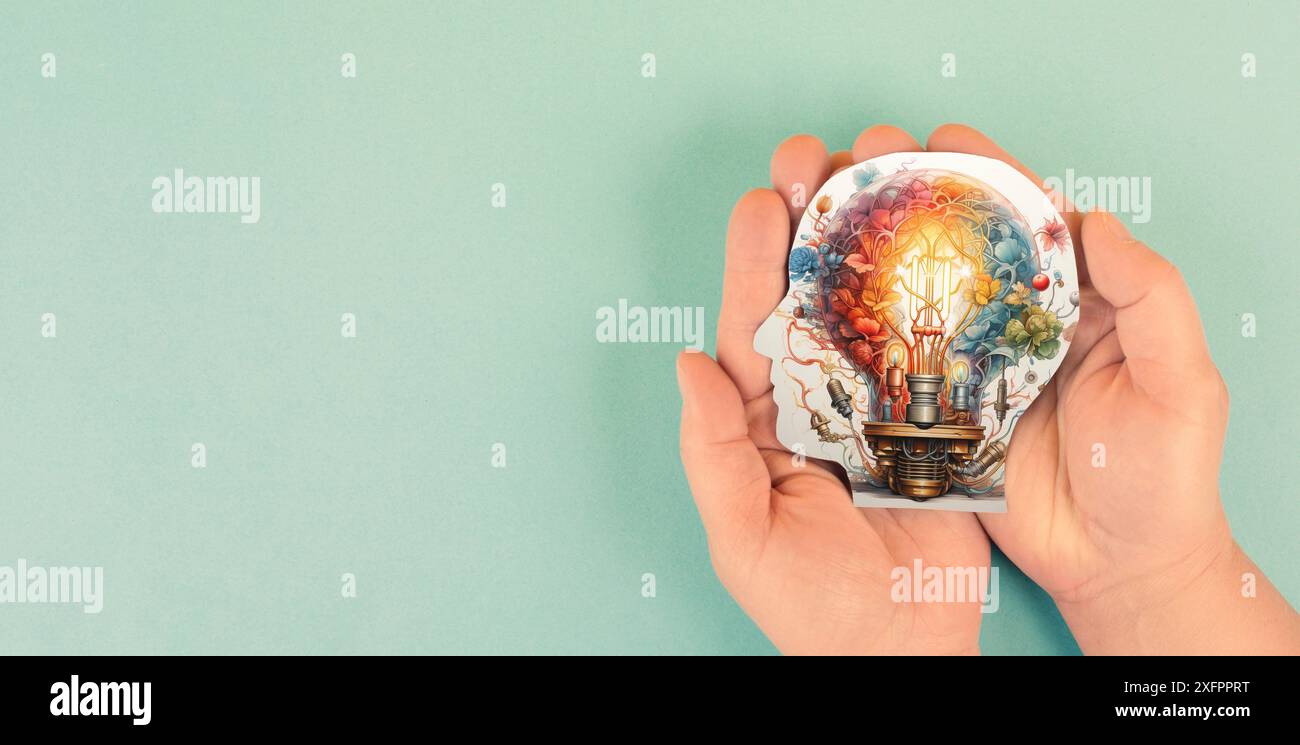 Brain with light bulb, colorful explosion, idea and vision concept ...
